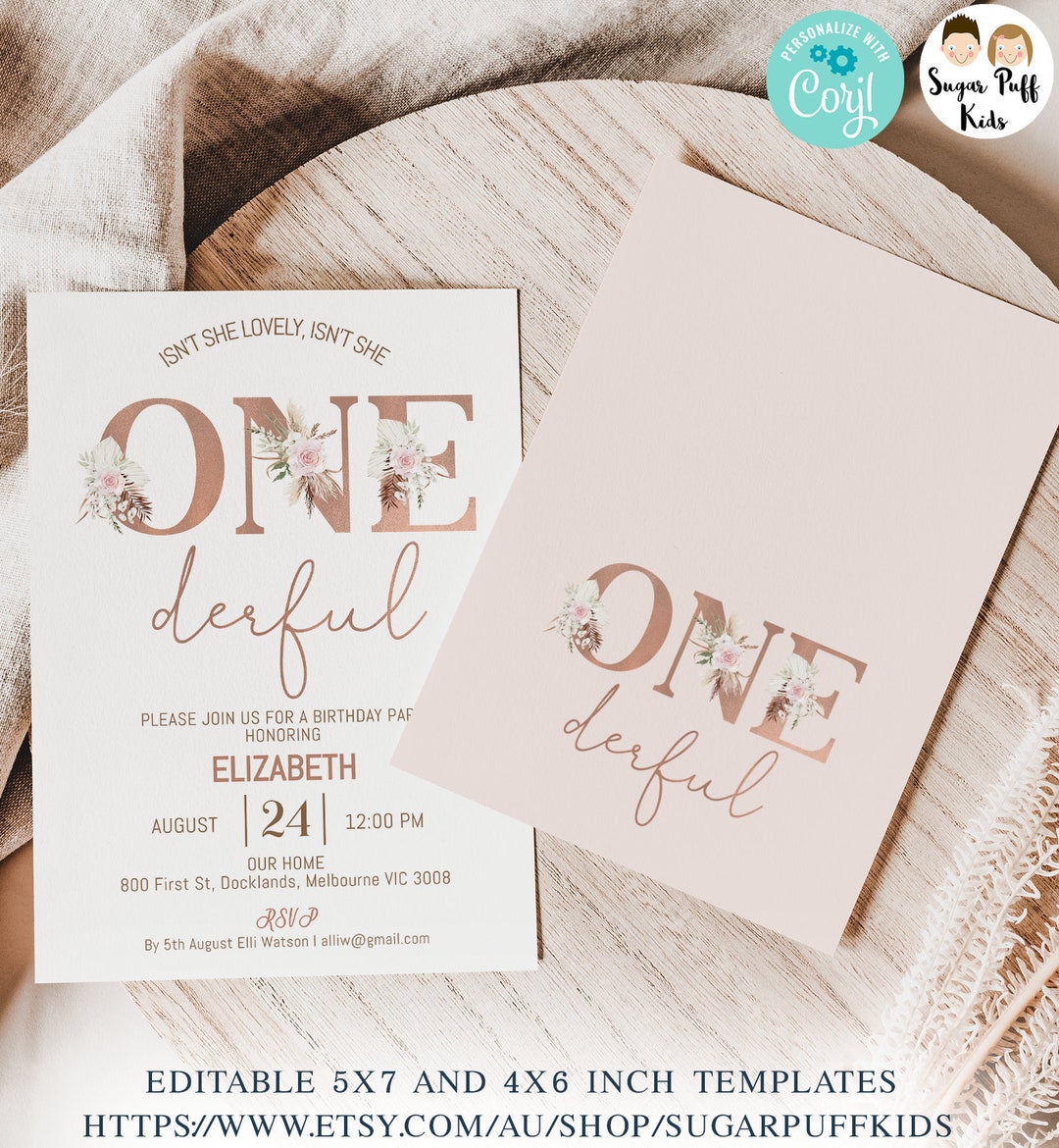 Editable Miss One-derful 1st Birthday Invite, Printable Boho Floral ...
