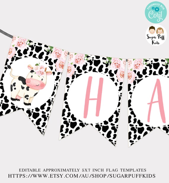 Printable Pink Floral Cow Print Happy Birthday Banner, Editable Cow ...