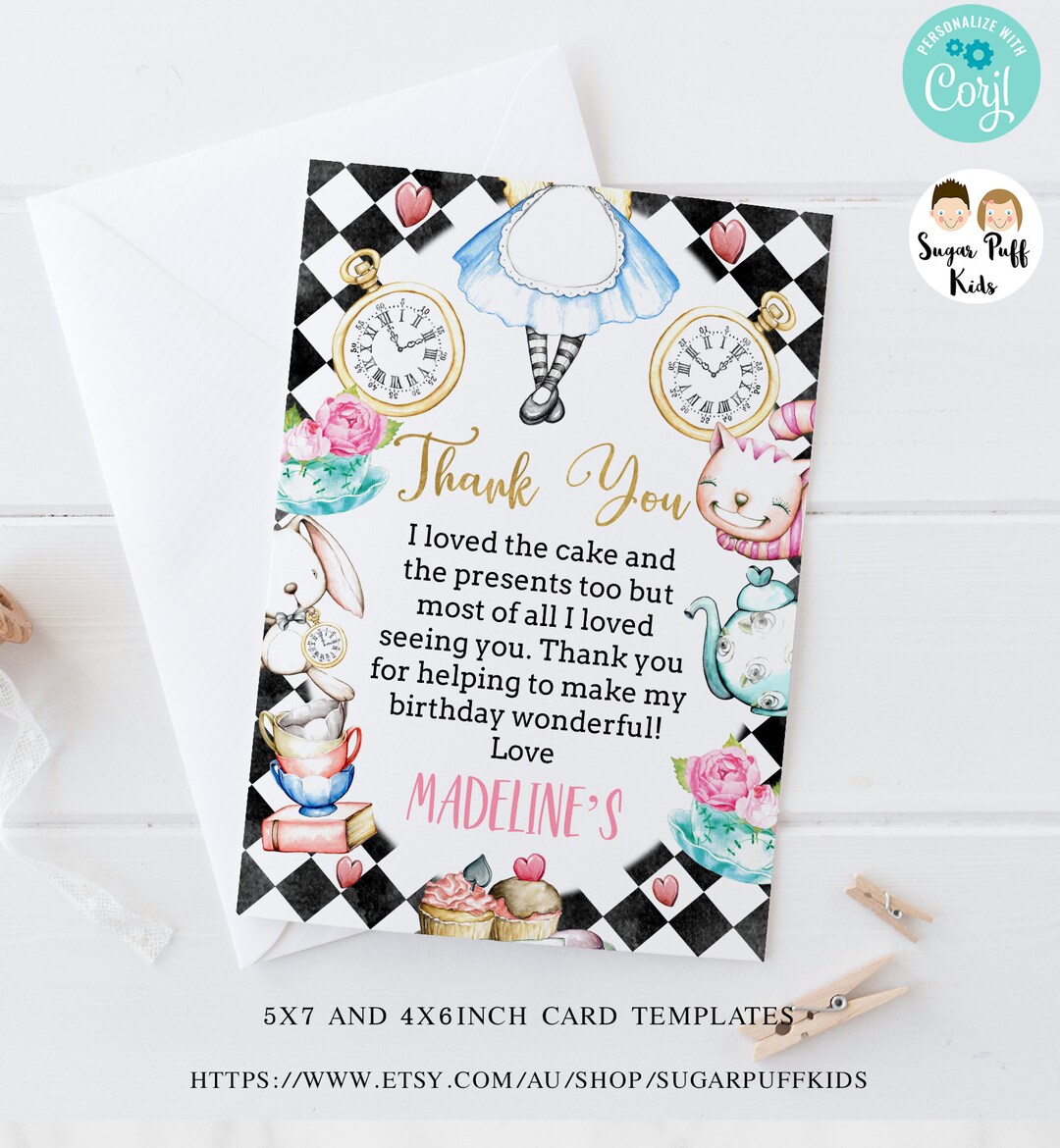 Editable Alice in Wonderland Thank You Card Instant, Printable Alice in ...