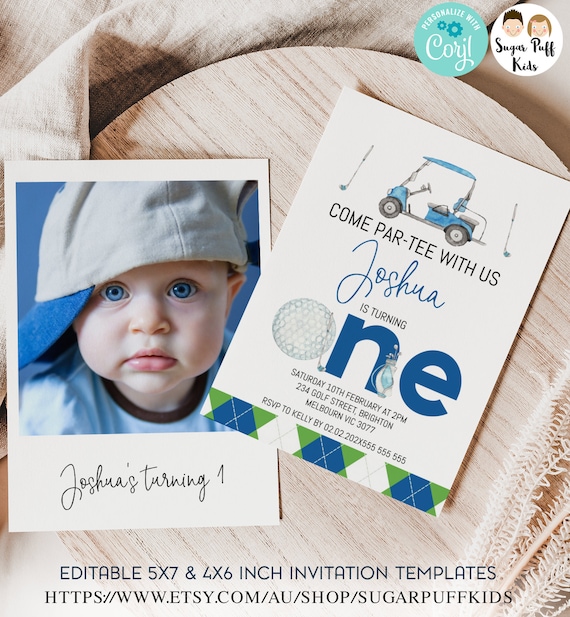Editable Modern Golf First Birthday Invitation with Photo, Printable ...