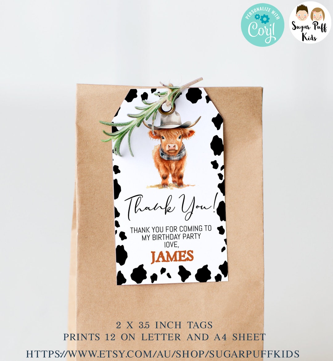 Editable Highland Cow Thank You Tag, Printable Black Cow Print Birthday ...