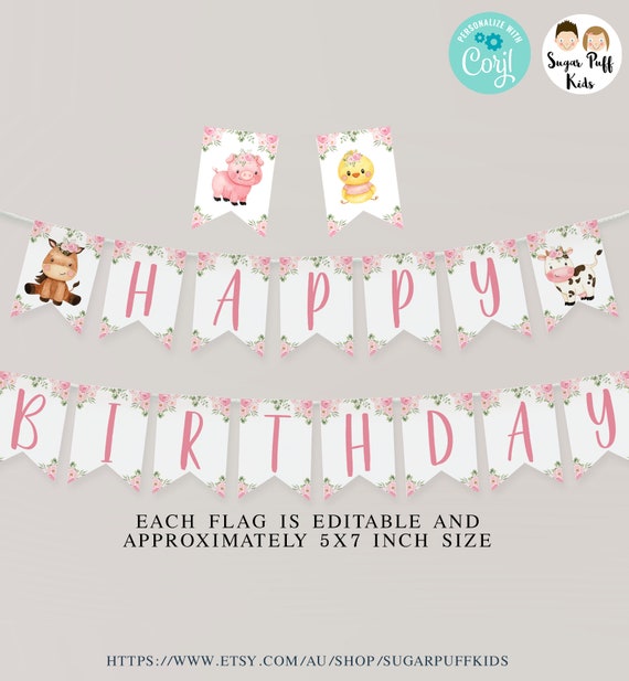 Printable Girls Pink Farm Happy Birthday Banner, Editable Farmyard ...