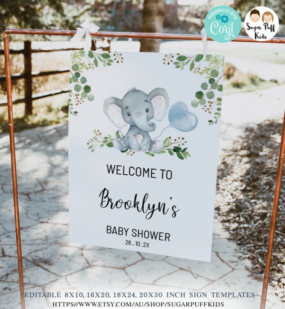 Printable Elephant Blue Balloon Baby Shower Welcome Sign, Editable ...
