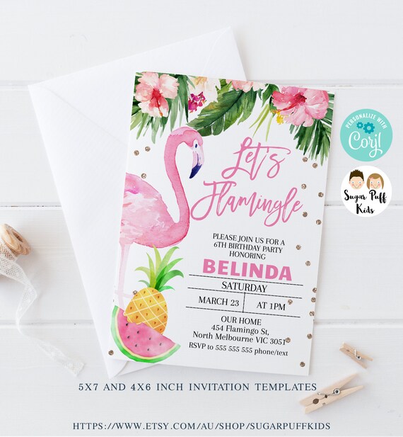 Editable Flamingo invitation, Floral Flamingo Birthday Invitation ...