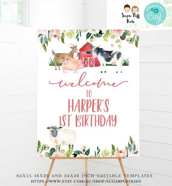 Editable Blush Floral Farm Birthday Welcome Sign, Printable Pink ...