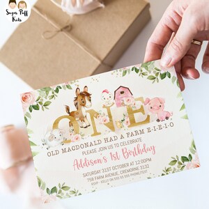 Printable Pink Farmyard First Birthday Invitation, Editable Barnyard ...