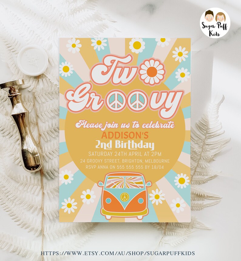 Printable Two Groovy Birthday Invitation Editable Retro 2nd - Etsy India
