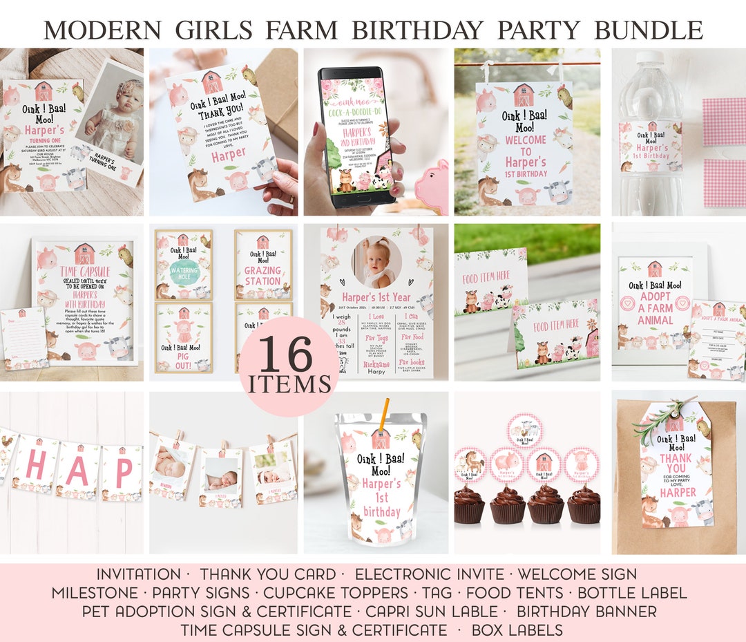 Editable Modern Farm Birthday Party Printable Package, Editable Girls ...