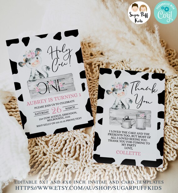 Printable Pink Floral Cow Print First Birthday Invite, Editable Girls ...