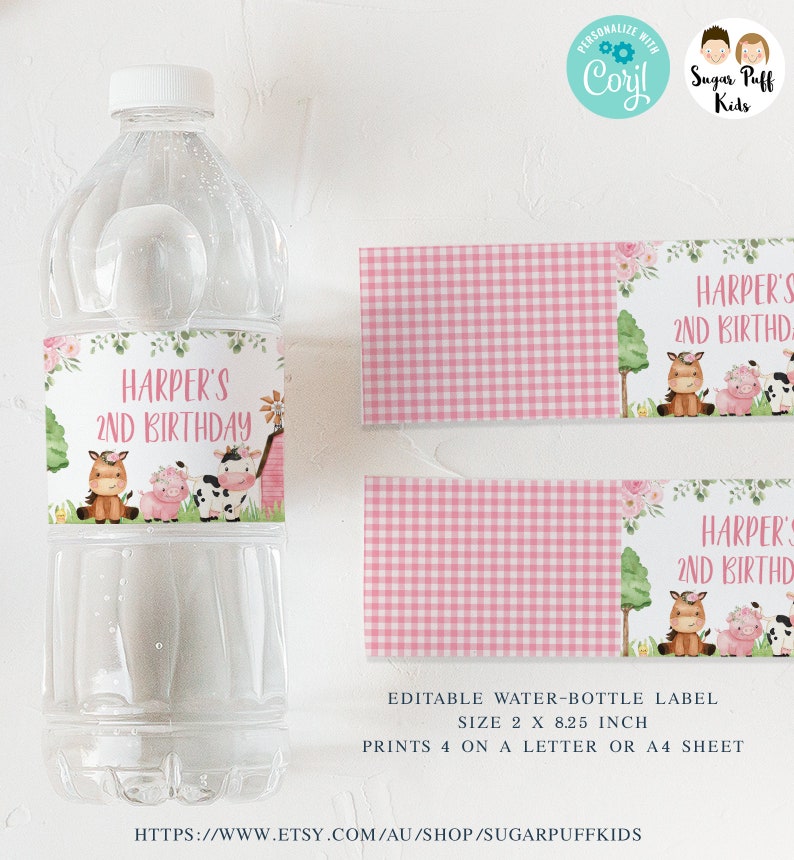 Editable Pink Farm Water Label Instant Download Girls Floral - Etsy