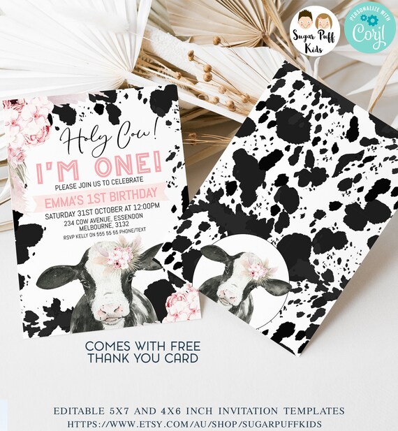 Printable Boho Pink Floral Holy Cow Birthday Invite, Editable Cow Print ...