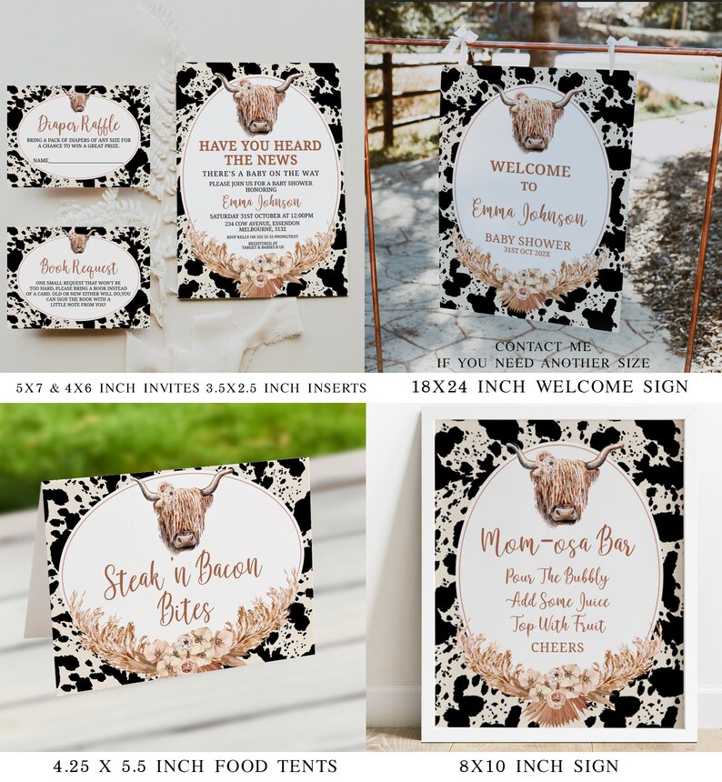 Editable Highland Cow Baby Shower Bundle Printables Boho Cow - Etsy