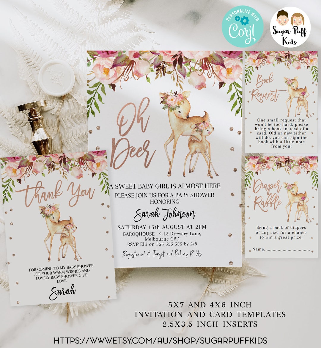 Editable Deer Baby Shower Invitions, Deer Inserts, Deer Thank You Card ...