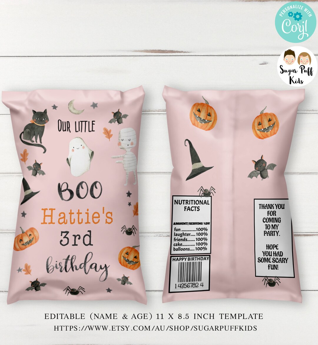 Editable Halloween Birthday Chip Bag, Printable Pink Orange Halloween ...