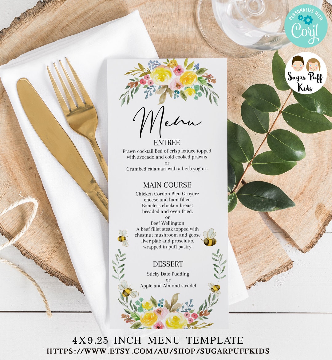 Editable Floral Bee Themed 4x9 Menu Card, Instant Download Bee Baby ...