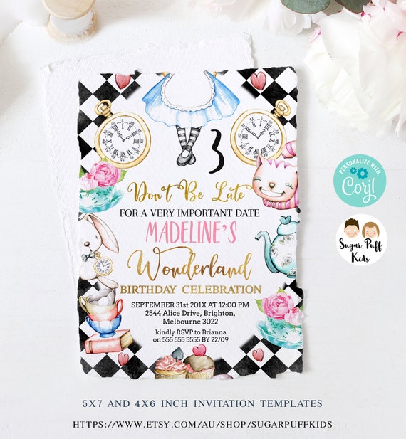 Printable Alice In Wonderland Invite Editable Black Instant Download 