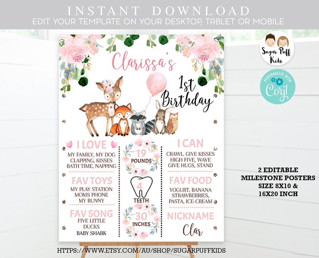 Pink Floral Woodland Milestone Poster, Floral Woodland Milestone Poster ...