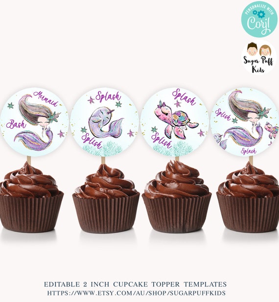 Printable Girls Purple Mermaid Under The Sea Cupcake Toppers, Editable ...