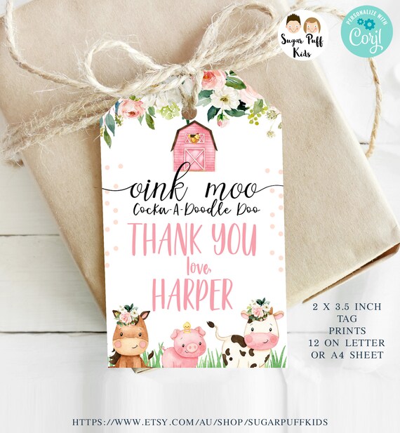 Editable Pink Floral Farm Birthday Tag, Printable Pink Barn Birthday ...