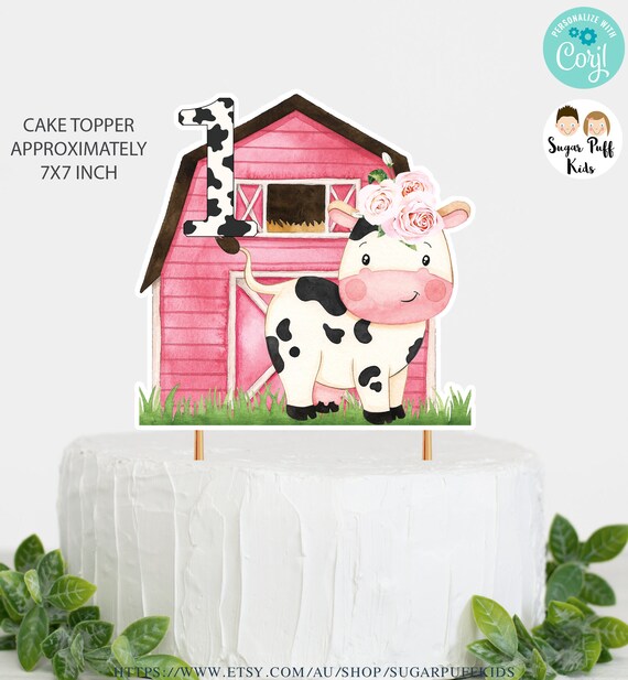 Instant Download Pink Barn Cow First Birthday Cake Topper, Printable ...