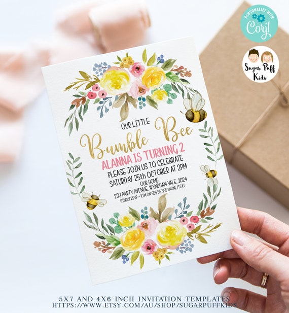 Editable Bumble Bee Floral birthday invite, Printable Bee Birthday ...