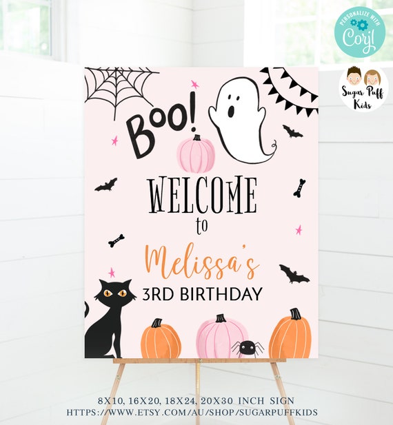 Editable Pink Halloween Birthday Welcome Poster, Printable Boo Ghost ...