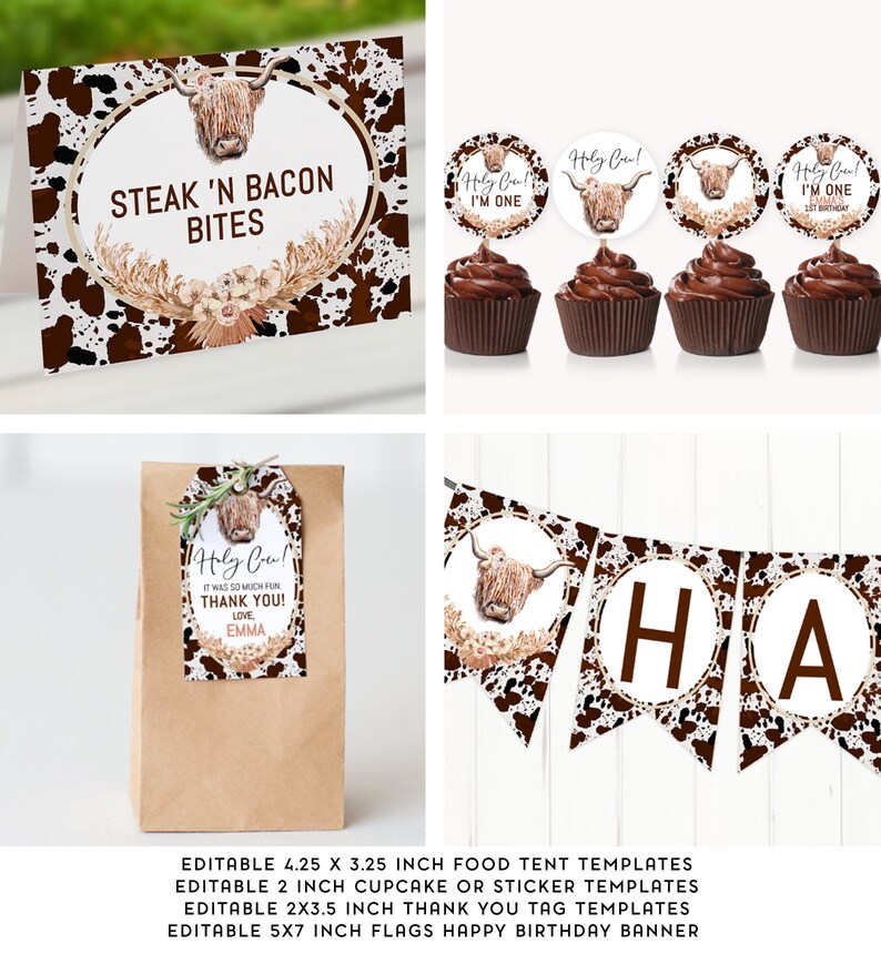 Editable Boho Pink Floral Cow Birthday Bundle Printable Girls - Etsy