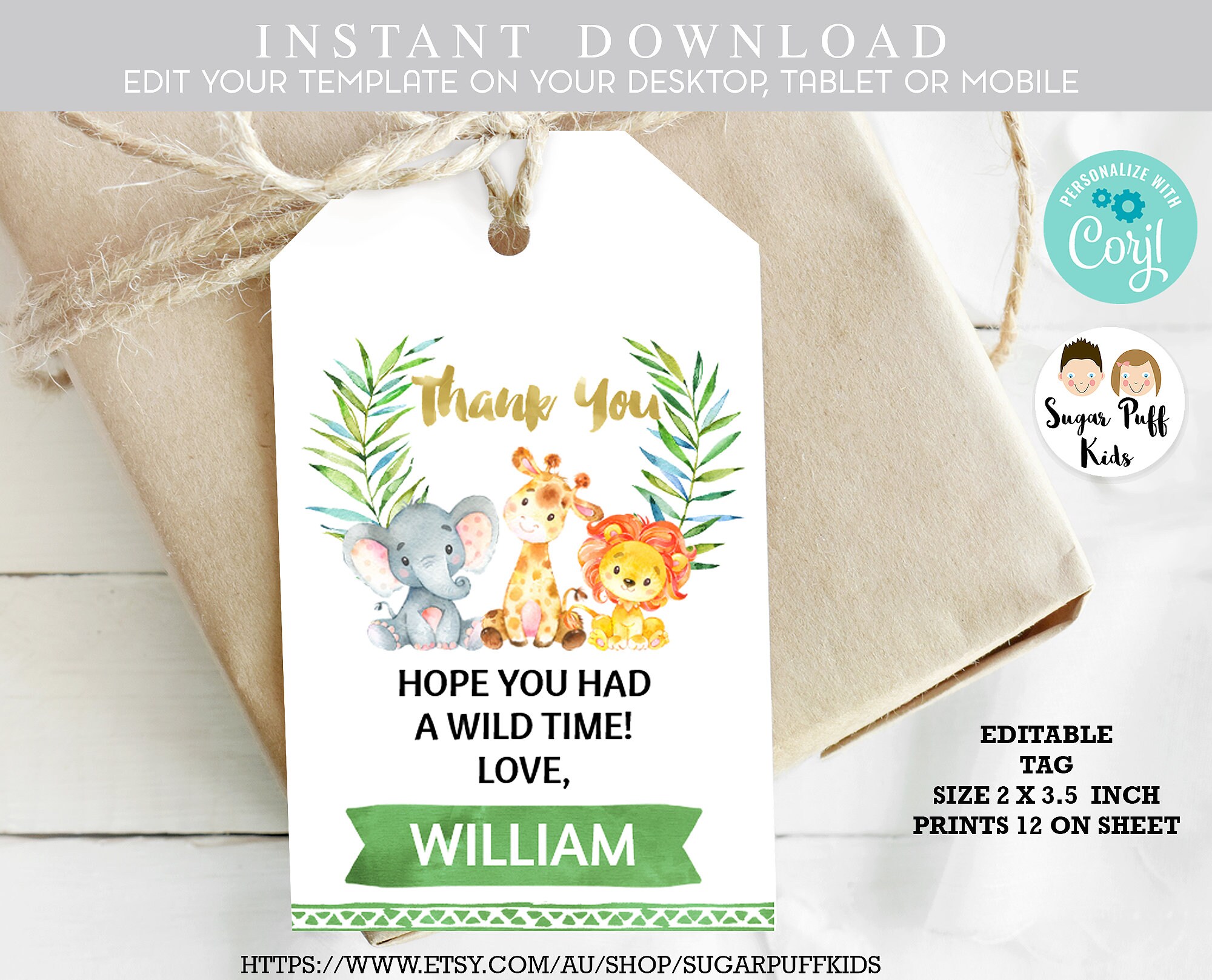 Printable template Instant Download EDITABLE Safari Favor tags Gold ...