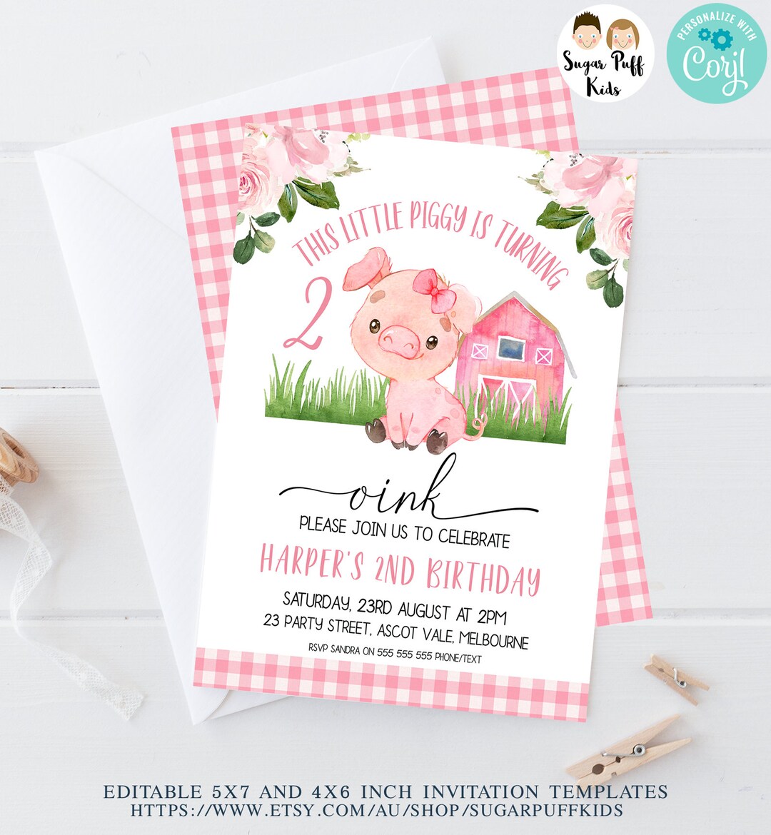 Printable Pink Floral Little Piggy Birthday Invitation, Editable Piggy ...