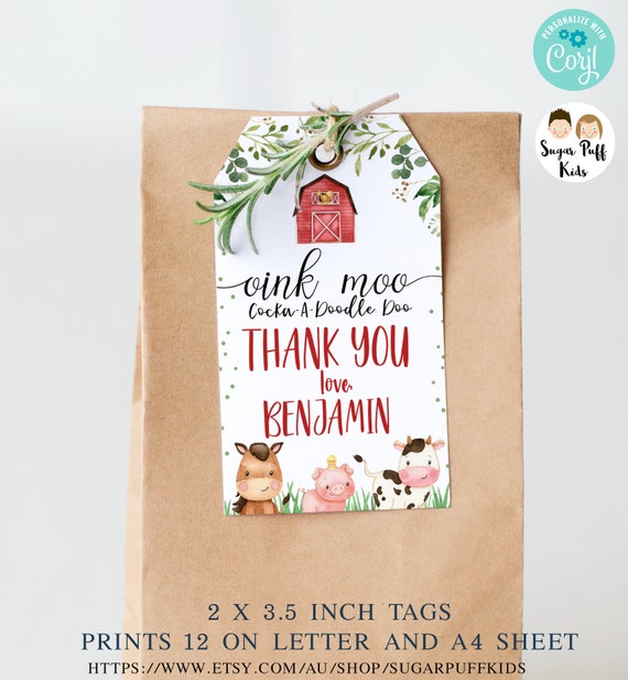 Editable Red Barn Farm Favor Tag, Printable Farm Animals Birthday Party ...