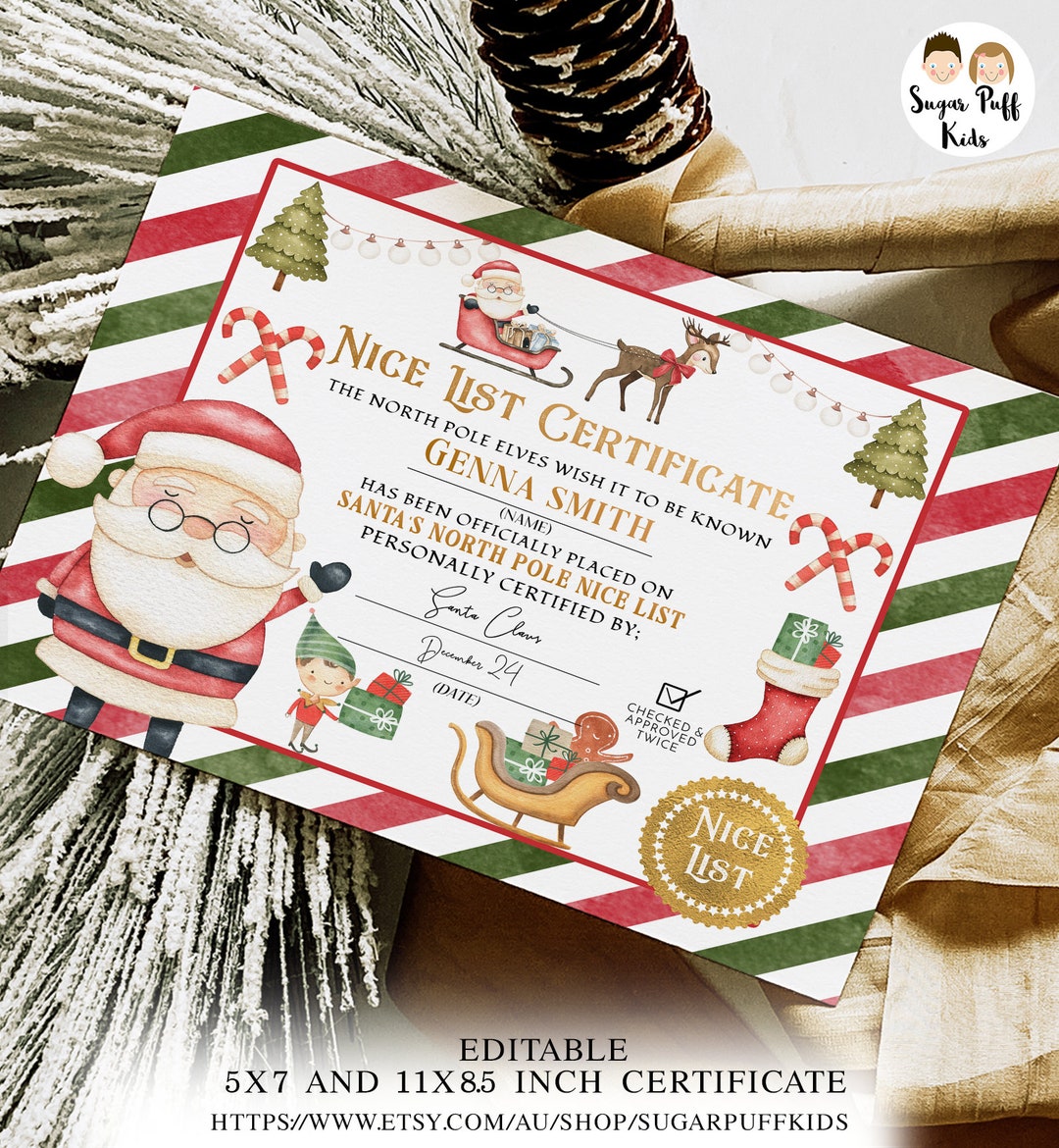 Editable Kids Nice List Certificate, Instant Download Childrens Santa ...