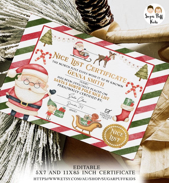 Editable Kids Nice List Certificate, Instant download Childrens Santa ...
