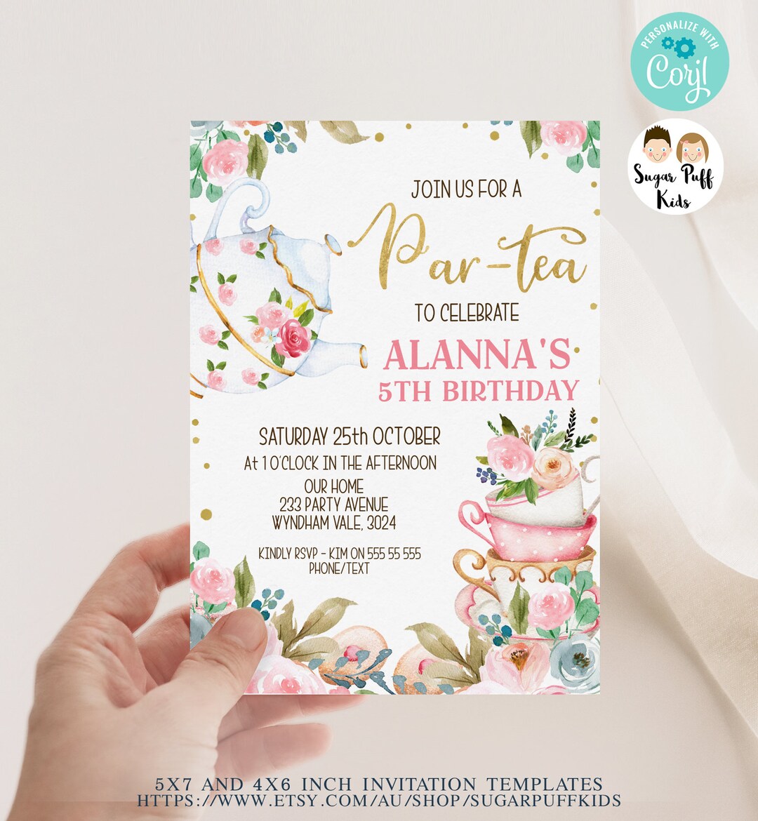 Editable Par-tea Birthday Invite, Printable Tea Party Birthday ...