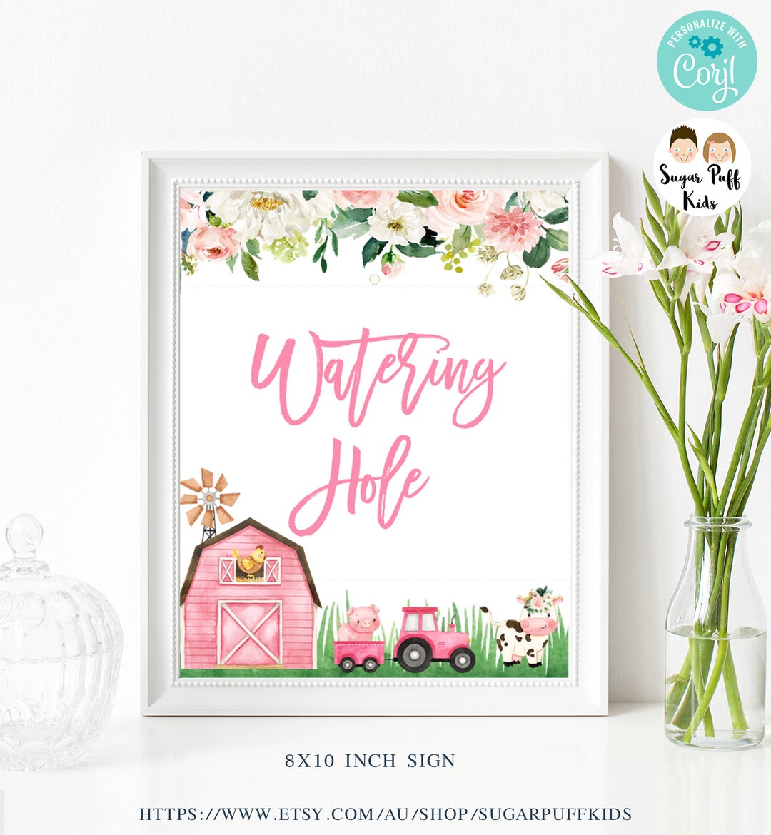 Printable Pink Farm Animals Party Sign, Instant Floral Farm Food Party ...