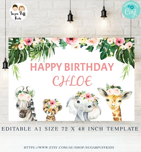 Editable Foliage Floral Safari Backdrop, Printable Girls Safari Happy ...