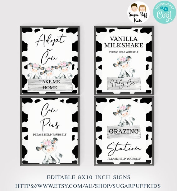 Printable Girls Pink Floral Cow Birthday Sign, Girls EditableCow Print ...
