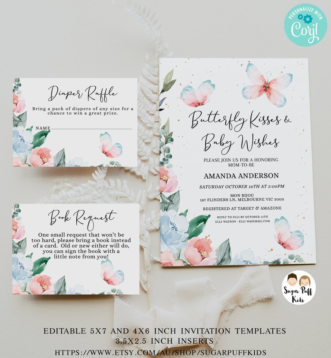Editable Blue Pink Butterfly Kisses Baby Shower Invitation, Instant ... Editable Blue Pink Butterfly Kisses Baby Shower Invitation, Instant ...