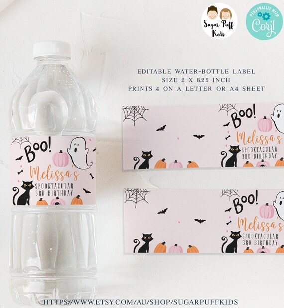 Editable pink Halloween water bottle wrappers, Instant download little ...