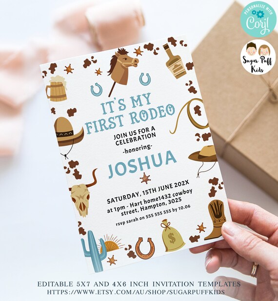 Editable Boys Cowboy Birthday Invite, Printable it's My First Rodeo ...