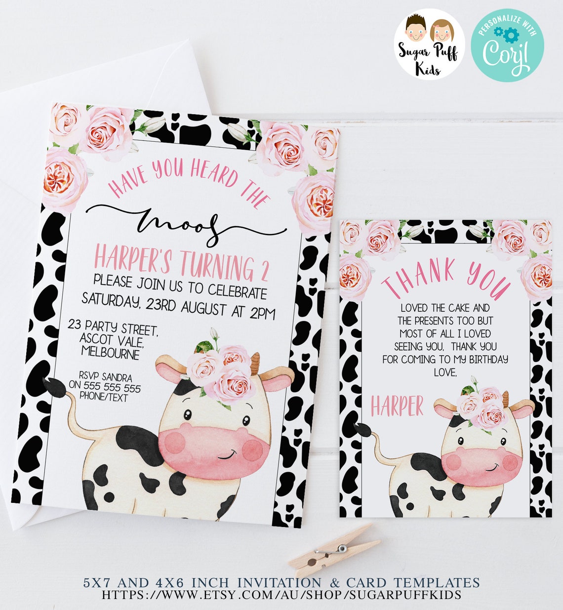 Printable Pink Floral Cow Cupcake Toppers Editable Cow - Etsy