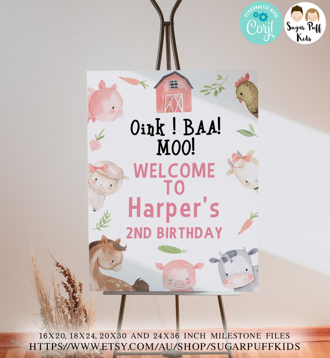 Printable Pink Modern Farm Welcome Sign, Instant Farmyard Animals ...