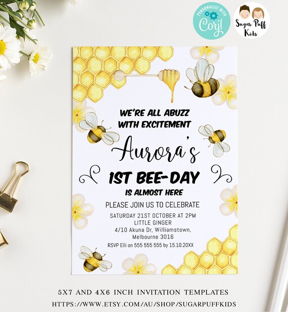 Instant 1st Bee-Day Birthday Invitation, Printable Bee birthday invite ...