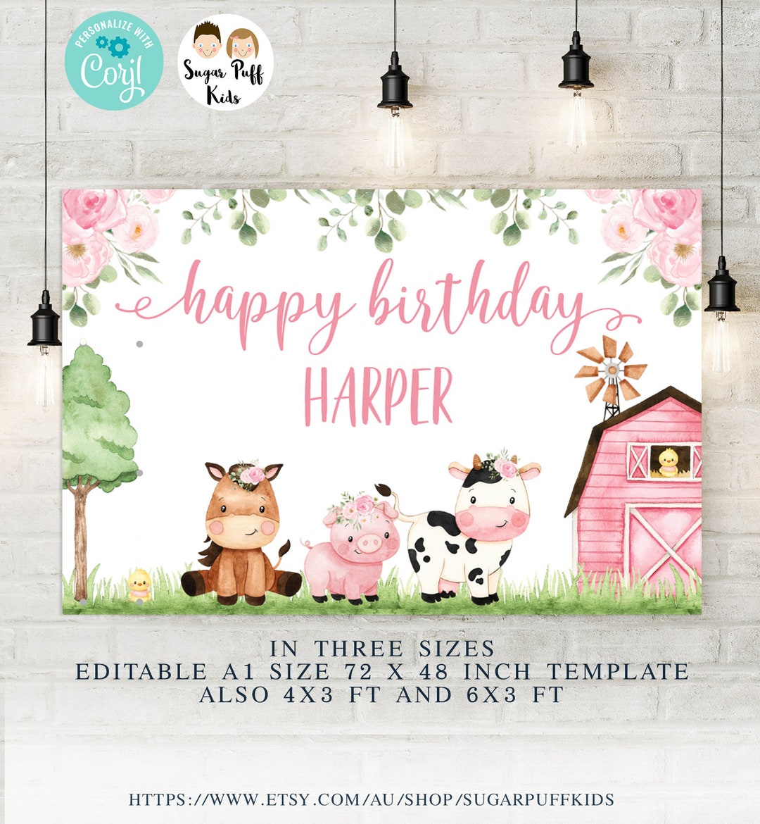 Editable Pink Farm Happy Birthday Backdrop, Printable Farm Themed ...