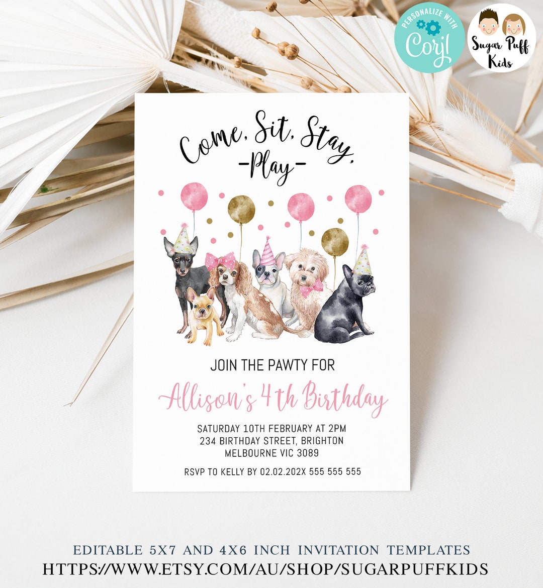 Printable Pink Balloons Dogs Pawty Birthday Invite, Editable Template ...