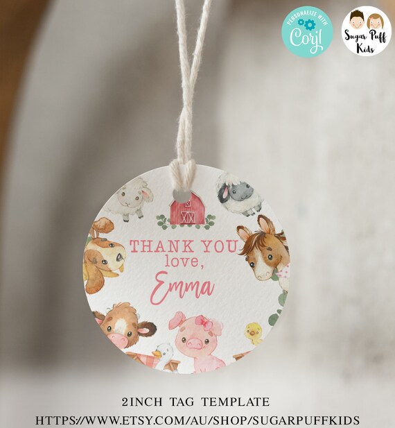 Editable Round Farm Birthday Favor Tag, Printable Farm Animals Birthday ...
