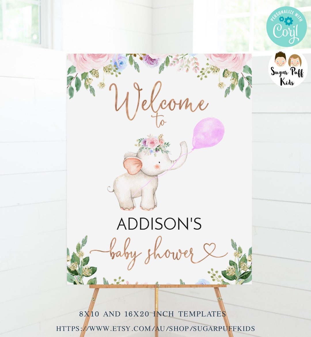 Printable Girls Elephant Pink Balloon Baby Shower Welcome Sign ...