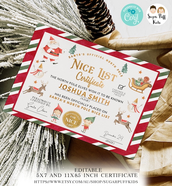 Editable Santa Nice List Certificate With Elves, Instant download ...