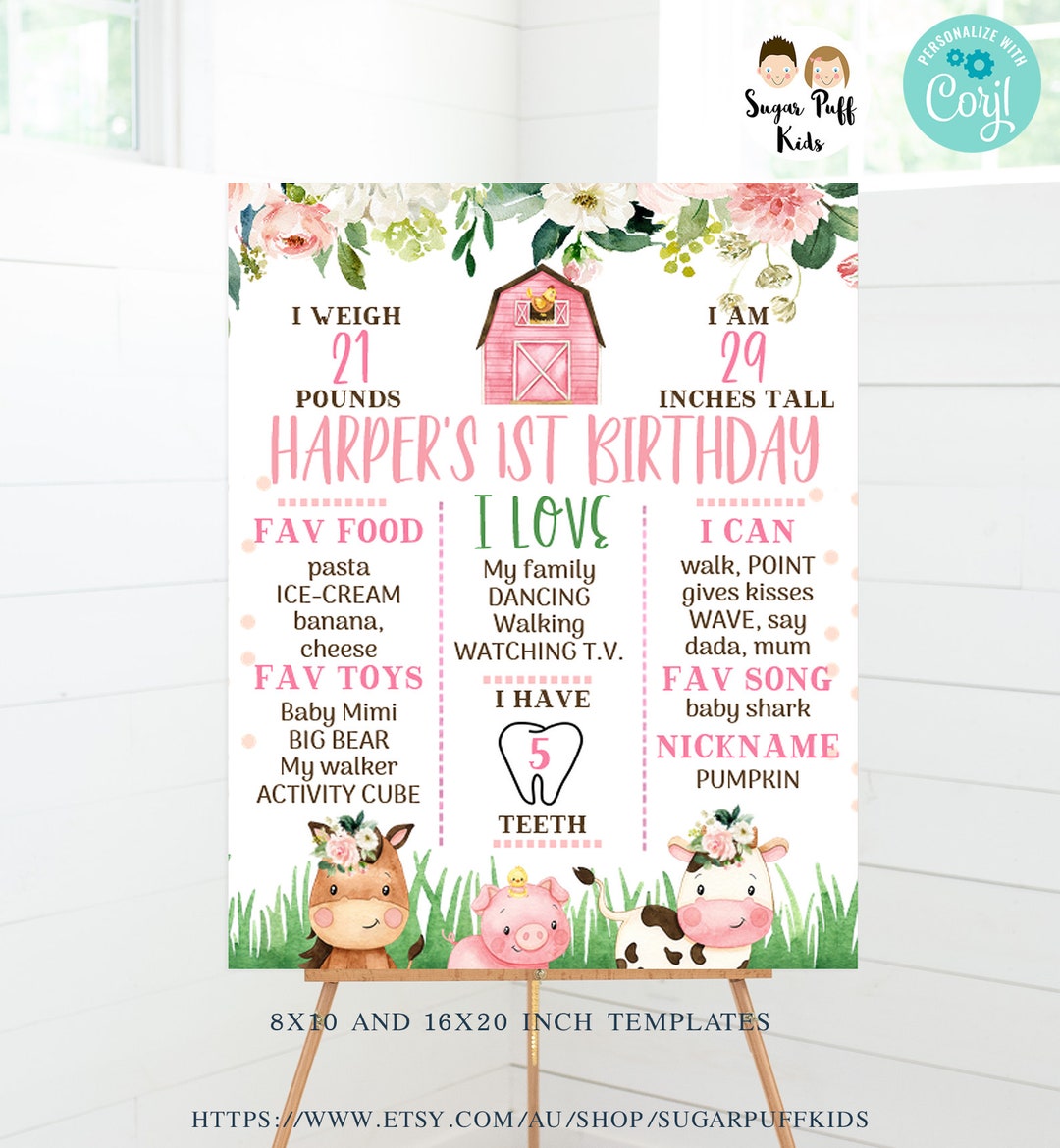 Pink Floral Farm Milestone Poster, Pink Barnyard 1st Birthday Milestone ...