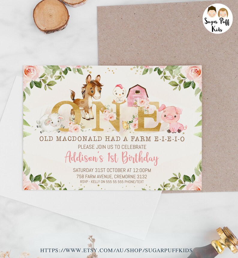 Printable Pink Farmyard First Birthday Invitation Editable - Etsy