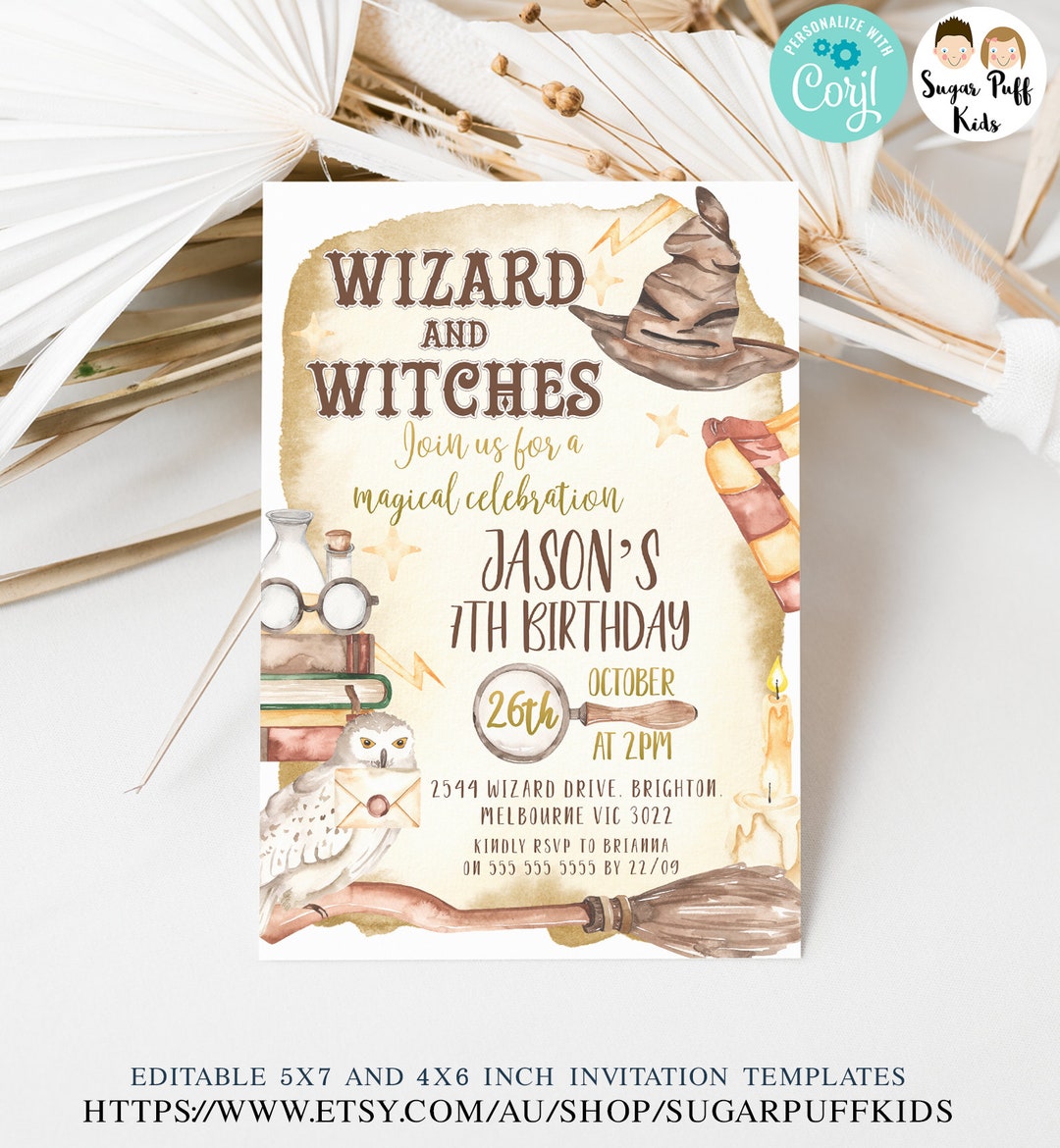 Editable Wizard and Witches Birthday Invitation, Printable Wizards and ...